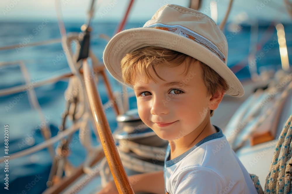 Young boy sailing on yacht for summer vacation in sailor outfit Stock ...