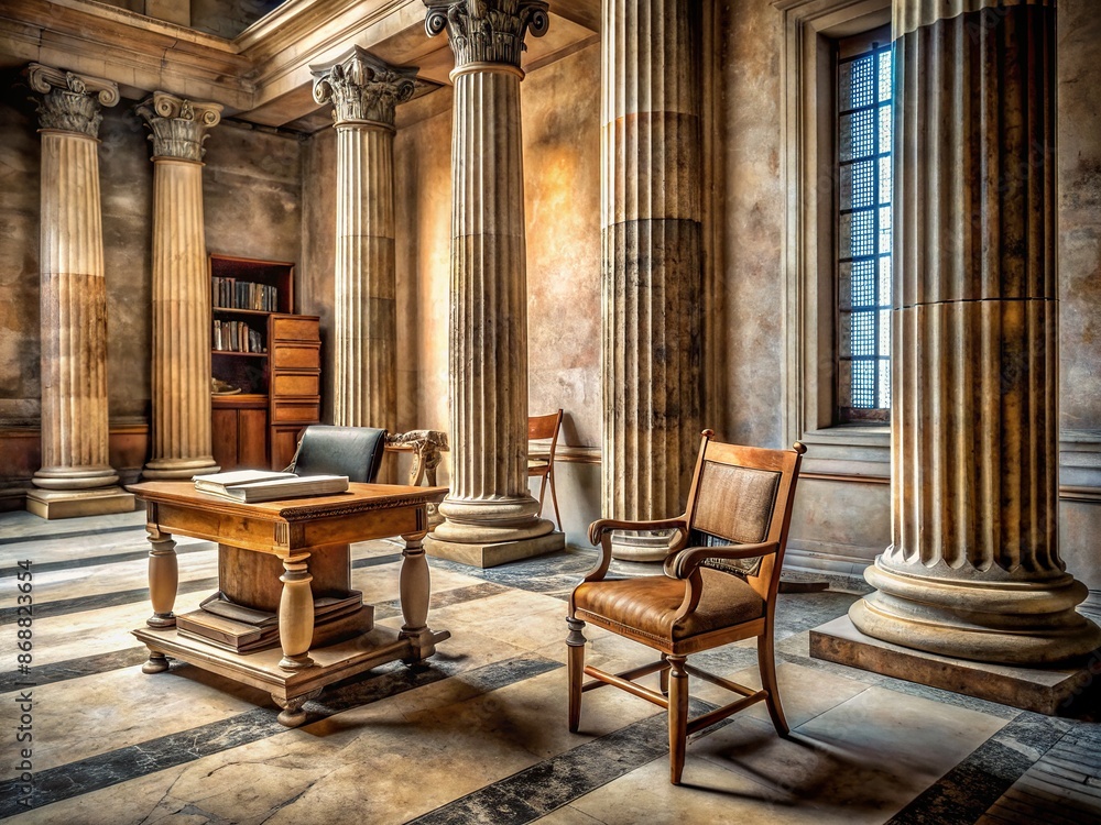 Ancient Greek marble columns surround an empty teacher's chair, scrolls ...