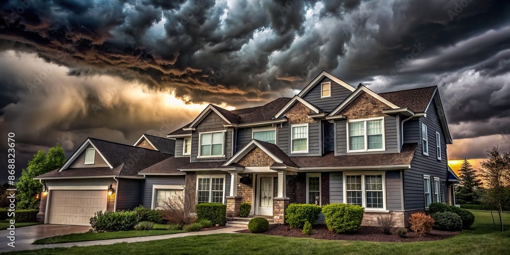 A dark stormy sky looms over a suburban home, its windows boarded up ...