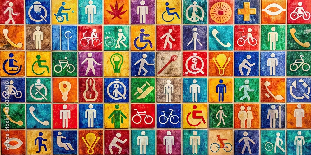 Colorful tiled background featuring diverse disability symbols ...