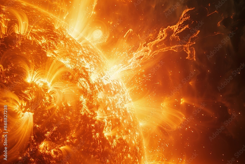 Sun solar flare particles coronal mass ejections. Burning of sun ...