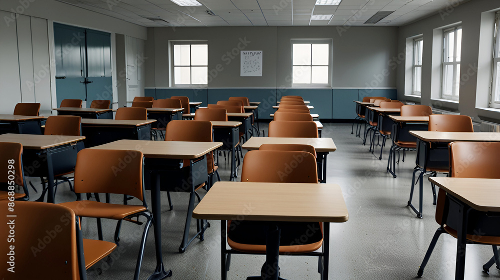 Empty classroom with desks and chairs in a row generated by artificial ...