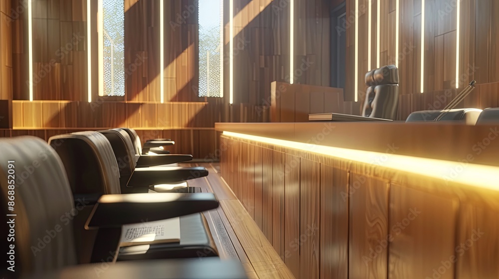 Modern Courtroom Interior with Judge’s Bench, Legal Documents, and ...