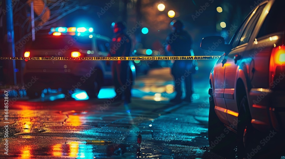 Urban Street Patrol with Police Car at Crime Scene Investigation, Law ...