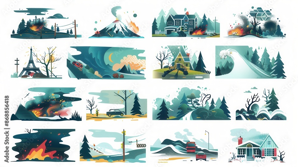 Flat illustrations depict natural disasters - hurricanes, forest fires ...