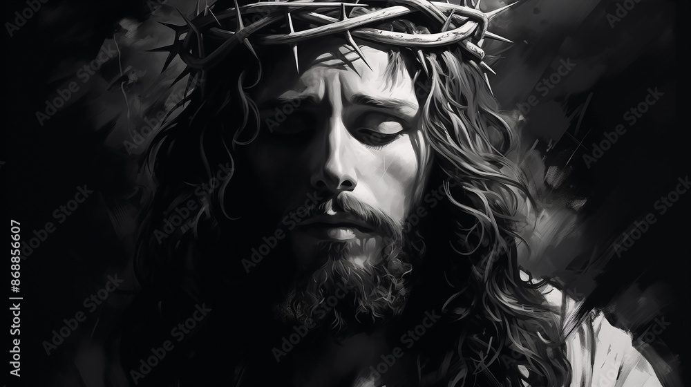 Painting depicted Jesus Christ with his serene face and flowing hair ... Painting depicted Jesus Christ with his serene face and flowing hair ...