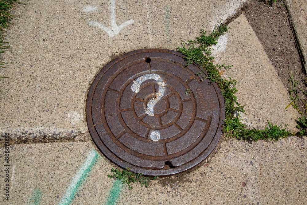 Manhole with Question Mark Storm Drain Utility Sewer Water Pipes Access ...