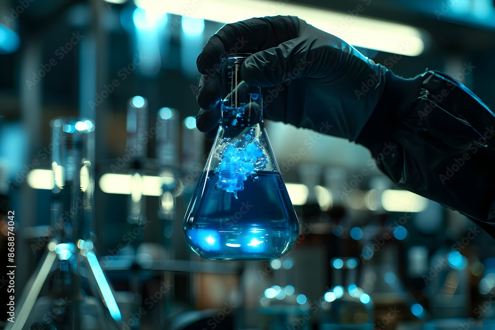 Scientist holding a glowing blue liquid in a laboratory flask ...