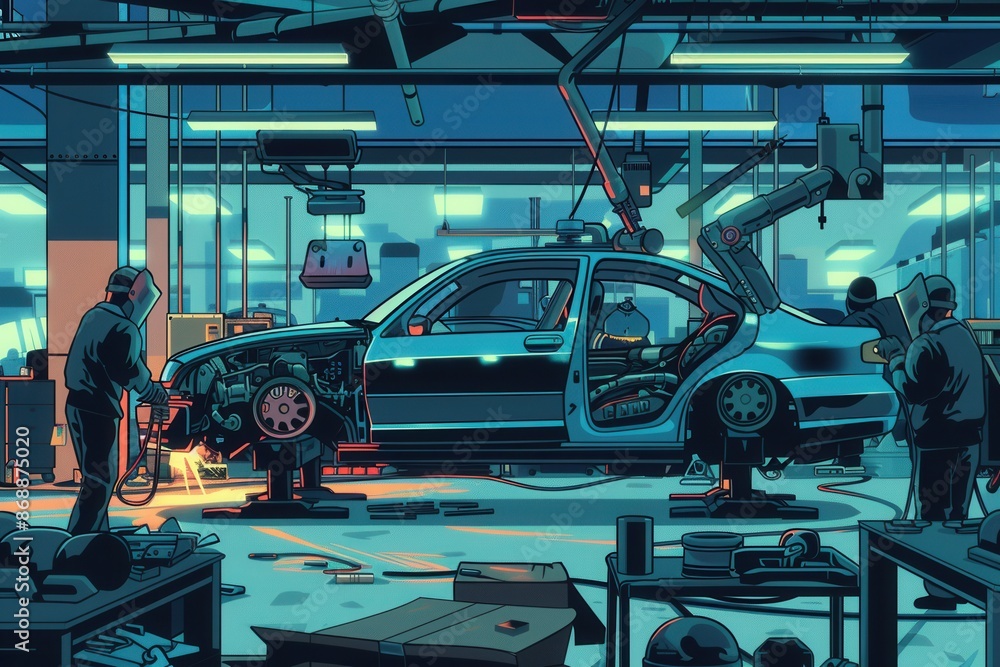 A blue car is being assembled in a body shop. Workers are welding the ...