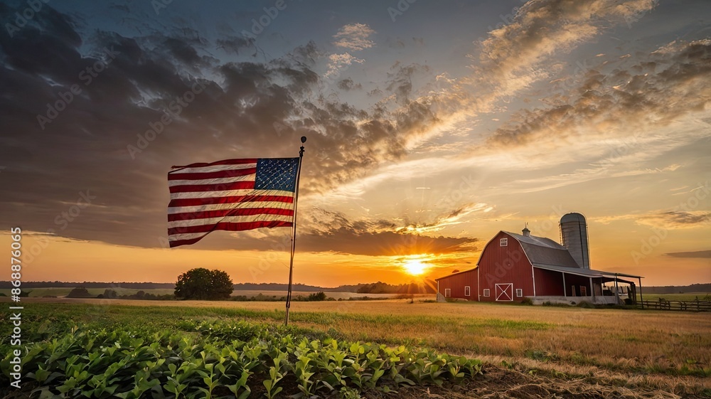 Sunset Over a Rural American Farm with Flag in Foreground, Celebrating ...