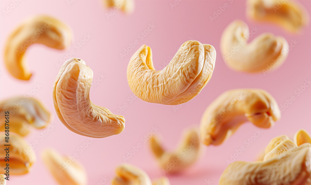 Realistic cashew nuts falling in explosion splash for snack package or ...