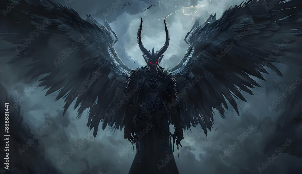 Dark winged demon standing against a stormy sky, creating an eerie and ...