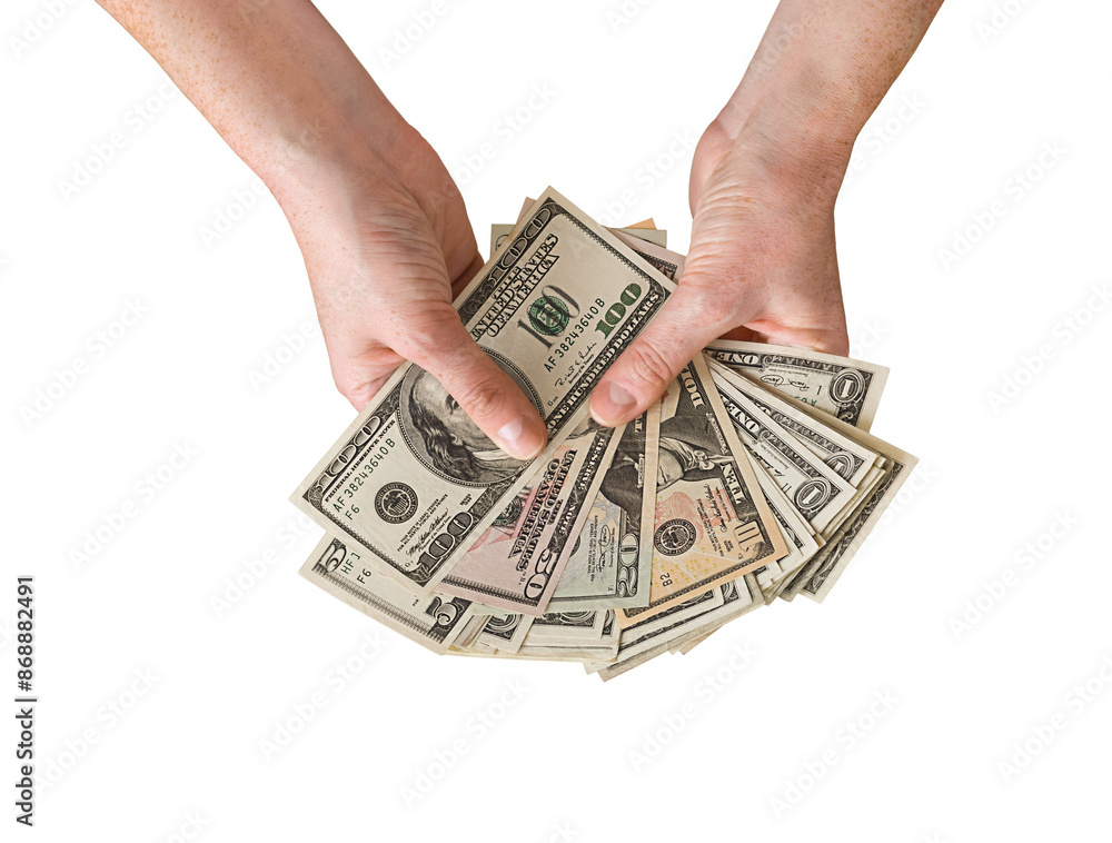 Person hands holding fanned out American US cash money dollars isolated ...