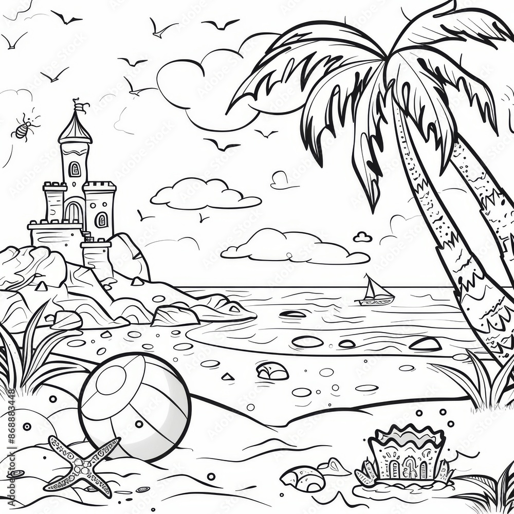 An intricate black and white drawing of a beach scene featuring a ...