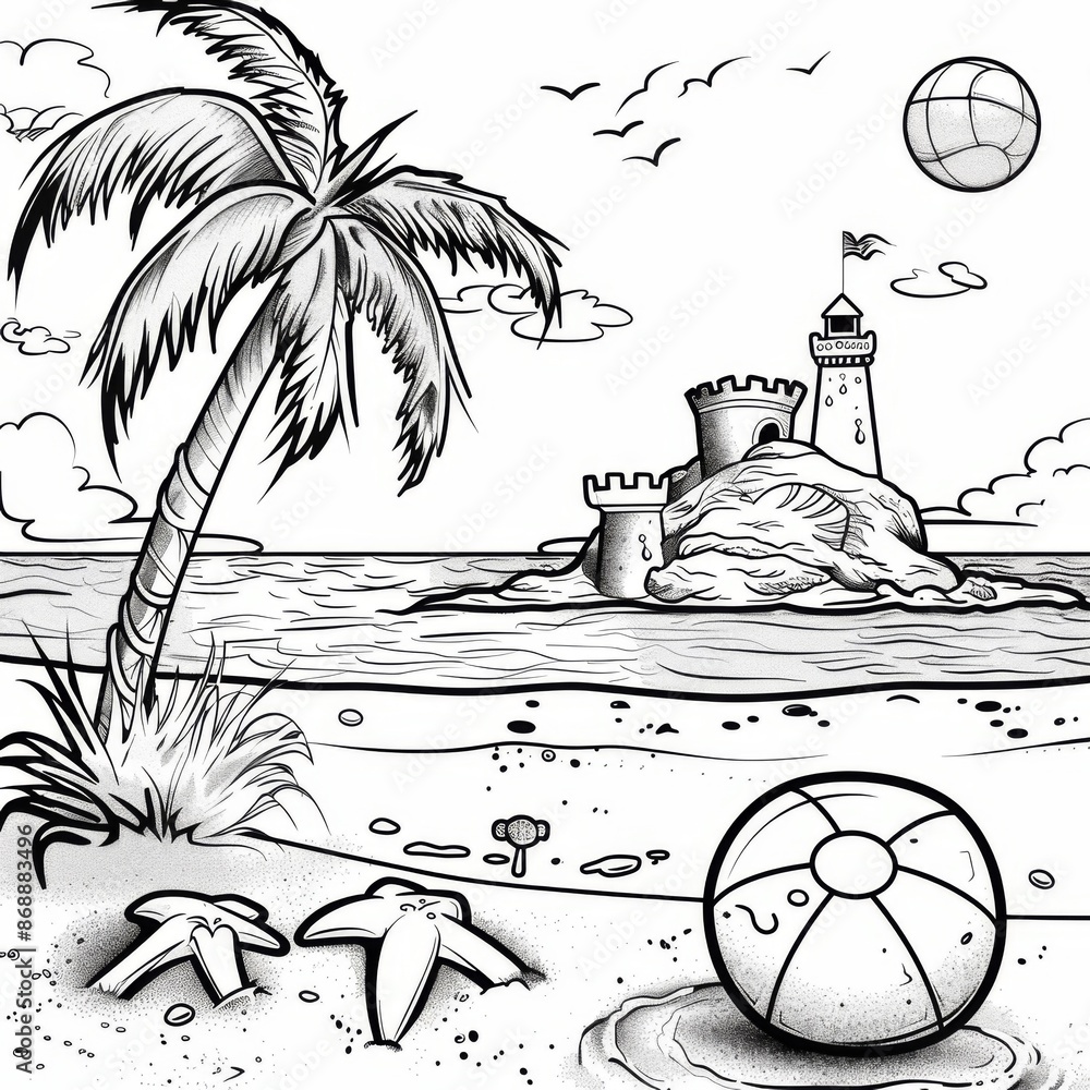 A coastal coloring page with a detailed scene of a castle on a rocky ...
