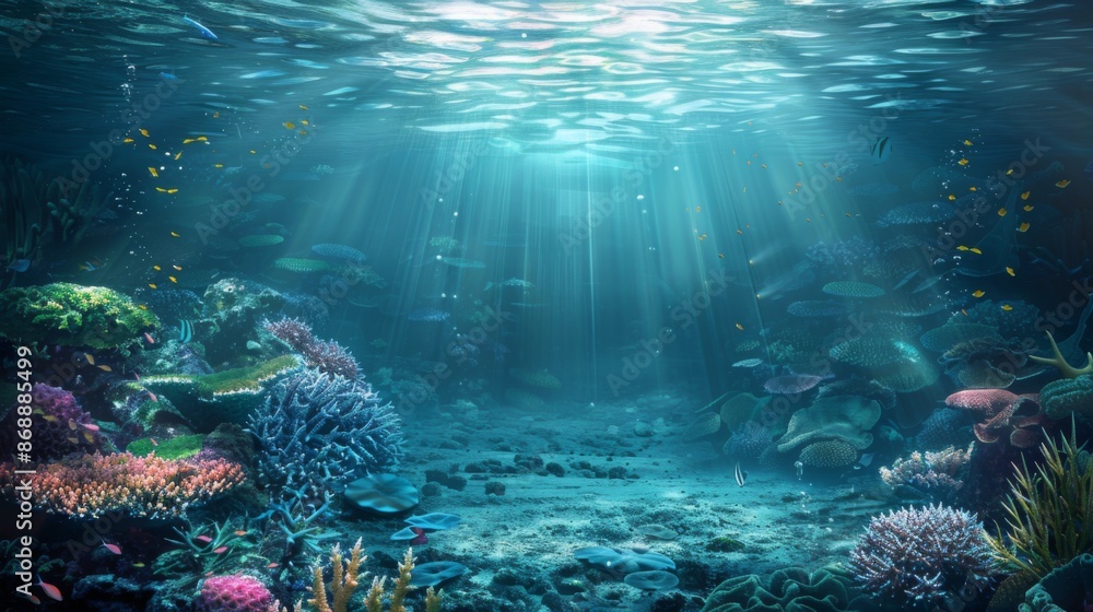 An underwater scene that showcases a thriving coral reef ecosystem with ...