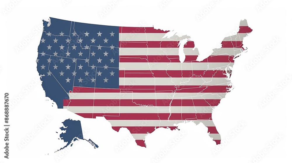This image shows the United States map overlayed with the American flag ...