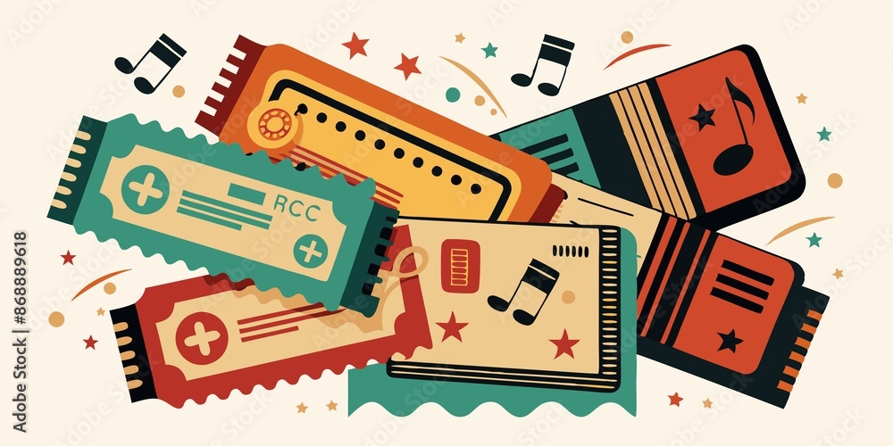 ภาพประกอบสต็อก Vintage-inspired concert tickets on white background ...