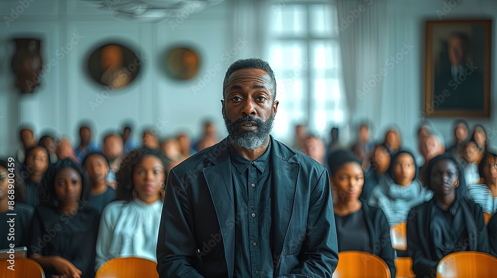 Realistic shot of a man in his late forties standing at the front ...