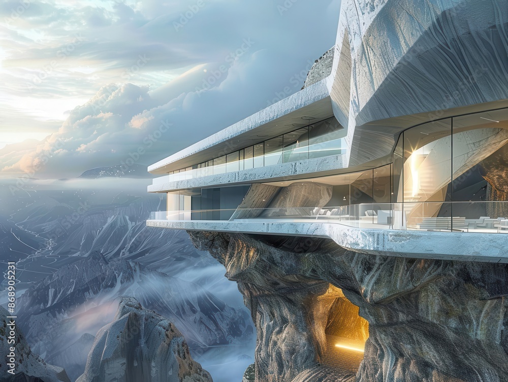 futuristic mountain retreat carved into cliff face glassbottomed ...