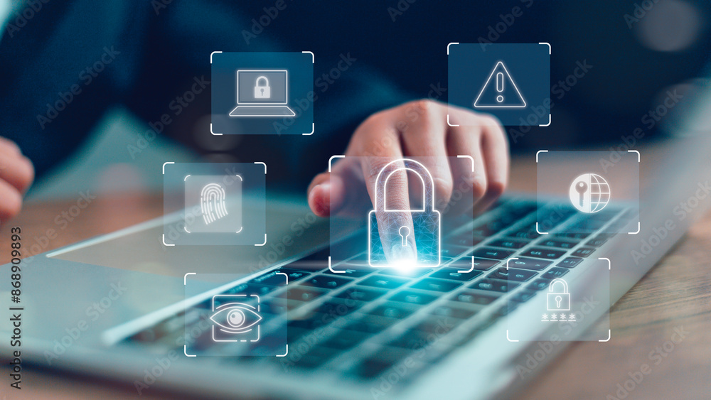 Cyber security and data protection on internet. Person touching virtual shield, secure access ...
