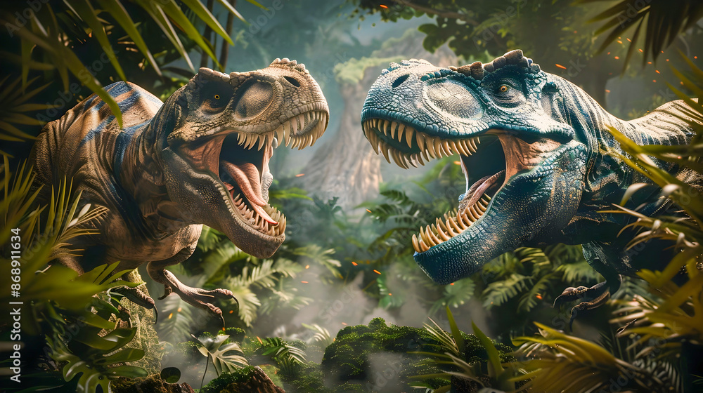 Two fierce aggressive dinosaur predators confronting each other in a ...