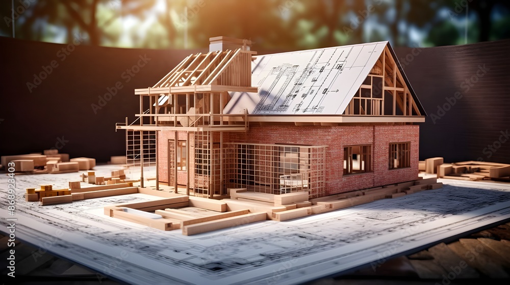 House under construction on blueprints - modern building project with ...