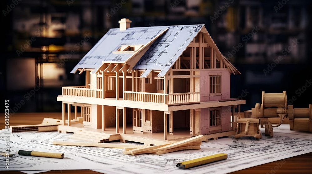 House under construction on blueprints - modern building project with ...