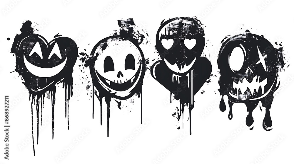 Black spray paint graffiti emoji of smiling face, heart, skull. Street ...