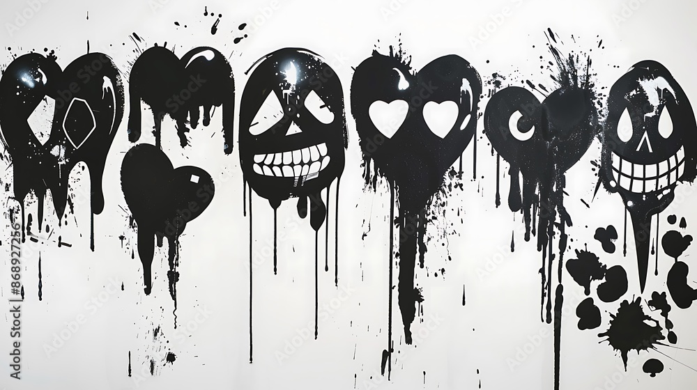 Black spray paint graffiti emoji of smiling face, heart, skull. Street ...