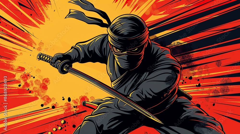 A ninja in black garb, wielding a katana, stands in a dynamic pose with ...