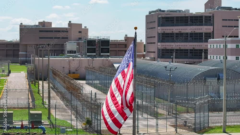 American flag waving in front of secure USA prison. Shiny fence with ...