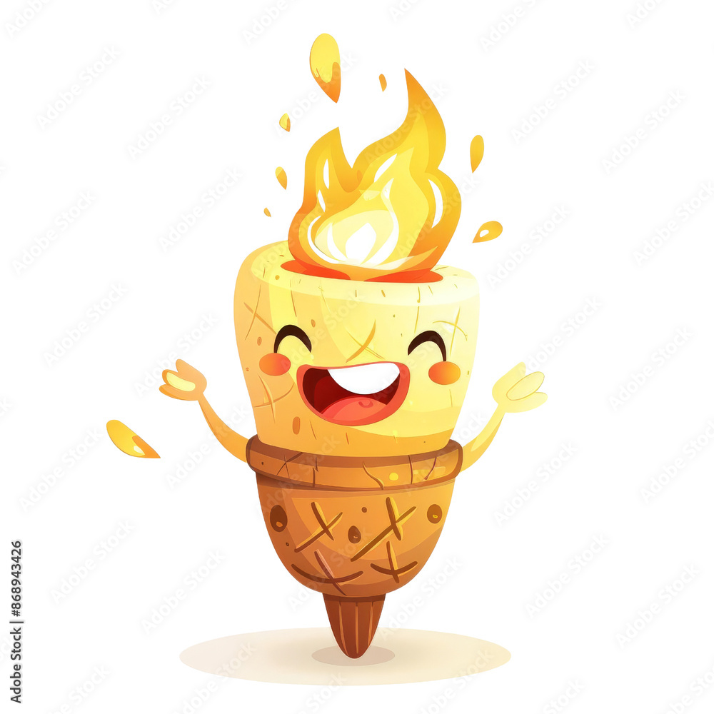 Cute cartoon torch character with a happy expression and flames. Fun ...