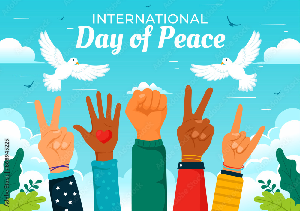 International Peace Day Vector Illustration with Hands, Pigeon, Globe ...