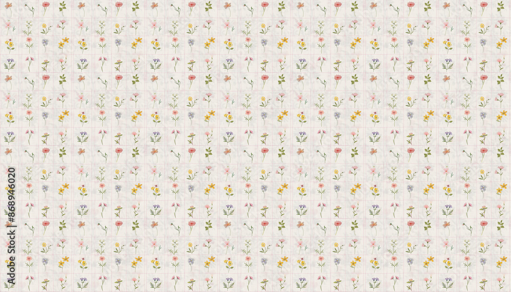 A pattern that features small flowers in grids in pastel colors on ...