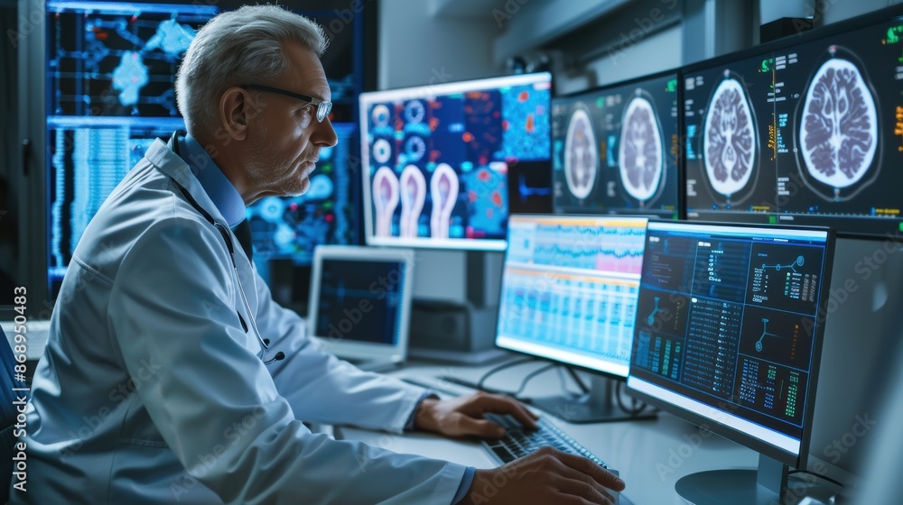 Advanced Medical Imaging Analysis: A Radiologist Examining Brain Scans ...