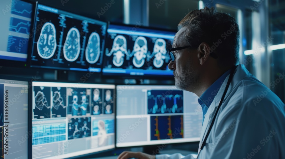 Advanced Medical Imaging Analysis: A Radiologist Examining Brain Scans ...