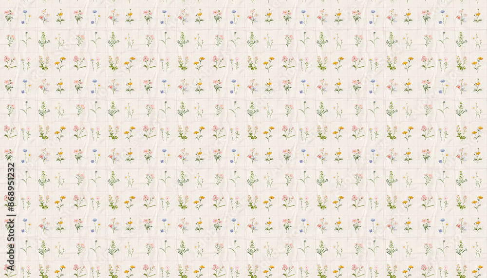 A pattern that features small flowers in square grids in pastel colors ...