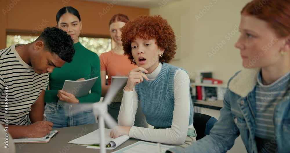 Students, teacher and windmill in classroom for learning, environmental ...
