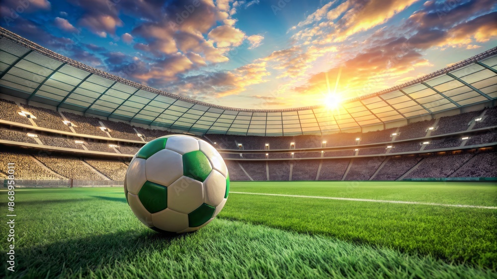 Vibrant 3D rendering of a solo soccer ball resting on a majestic ...