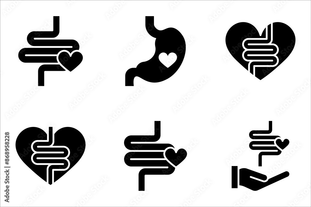 Intestine with heart icon set. Healthy internal organ, digestive tract ...
