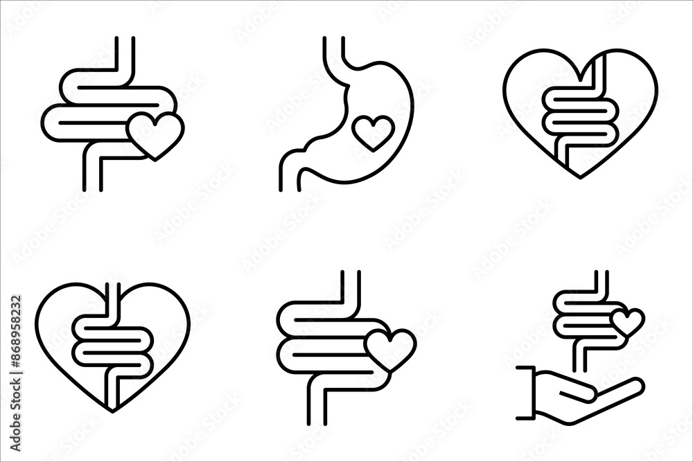 Intestine with heart icon set. Healthy internal organ, digestive tract ...