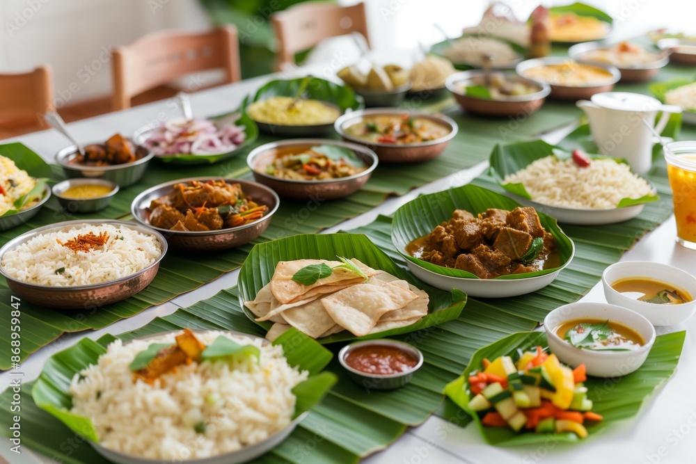 Traditional Onam Sadhya feast arranged on banana leaves with vibrant ...