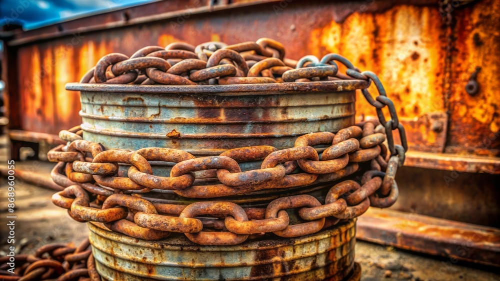 Rusted chain wrapped around worn metal container on industrial truck ...
