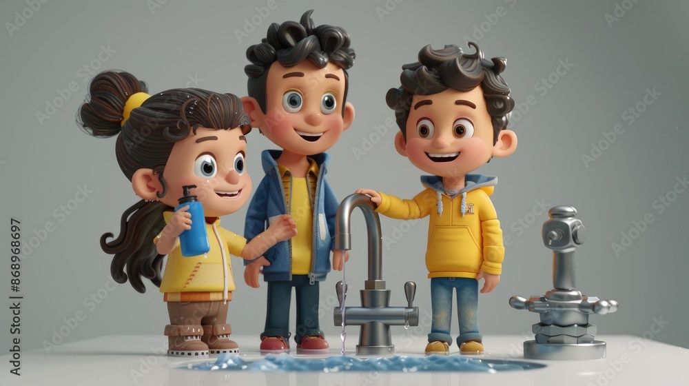 3D cartoon characters teaching kids about saving water, with one ...