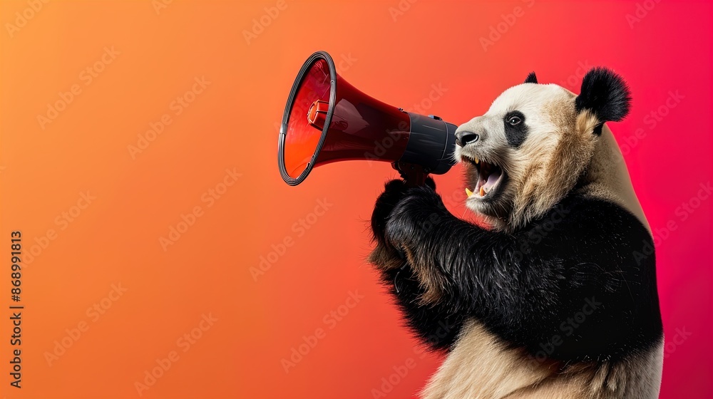 Panda holding a megaphone on an orange background. Studio animal ...