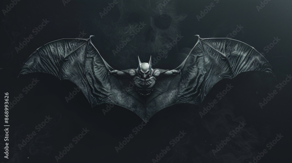 Minimalist bat silhouette aerial view with metallic silver and dark ...
