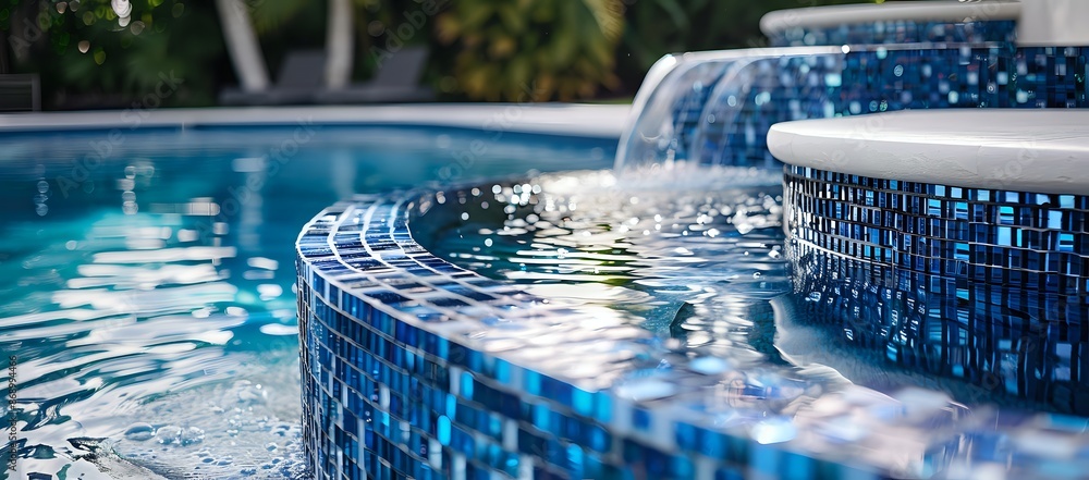 Luxury swimming pool with cascading waterfall and blue mosaic tile ...