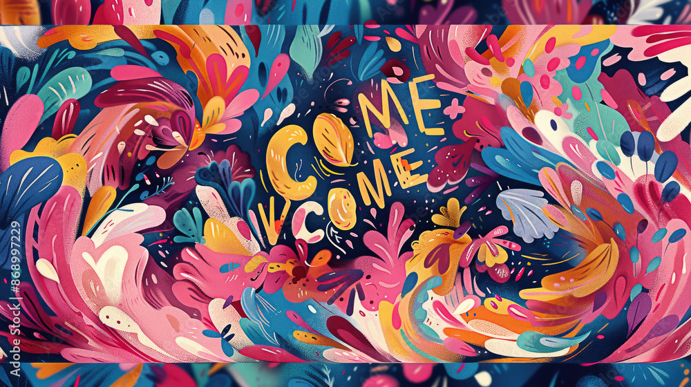 "WELCOME" in playful and colorful font against a backdrop of swirling ...