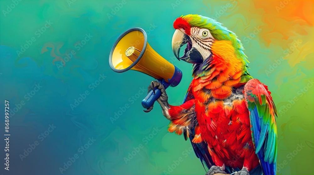 Colorful parrot holding a megaphone on a green and blue background ...